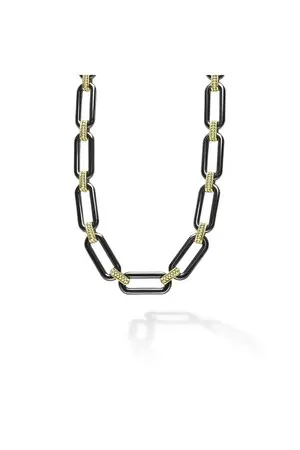 Lagos Signature Caviar 18k And Black Ceramic Link Necklace, 9mm - Gold
