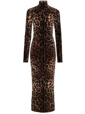 Dolce & Gabbana Leopard-print High-neck Midi Dress - Brown
