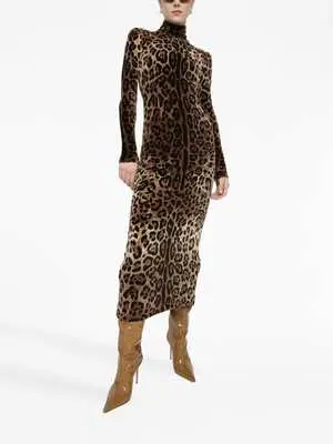 Dolce & Gabbana Leopard-print High-neck Midi Dress - Brown