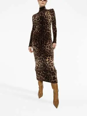 Dolce & Gabbana Leopard-print High-neck Midi Dress - Brown