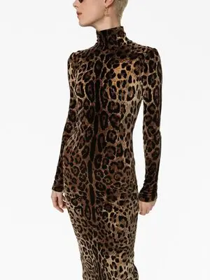 Dolce & Gabbana Leopard-print High-neck Midi Dress - Brown