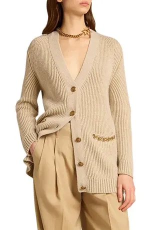 GOLDEN GOOSE Chain Detail Wool Blend Rib Cardigan