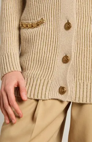 GOLDEN GOOSE Chain Detail Wool Blend Rib Cardigan