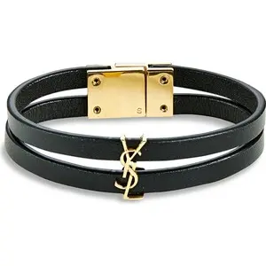 Saint Laurent Dual Row Leather Bracelet - Black/ Age Gold