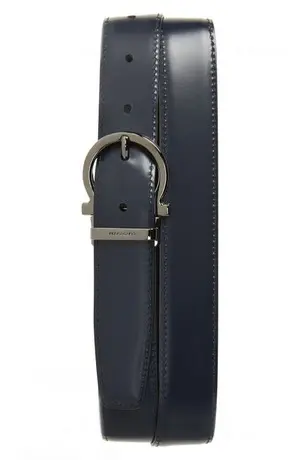 FERRAGAMO Gancio Leather Belt - Nero Blue Marine