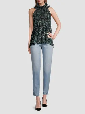 UNGARO Emery Printed Ruffle Halter Blouse