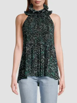 UNGARO Emery Printed Ruffle Halter Blouse