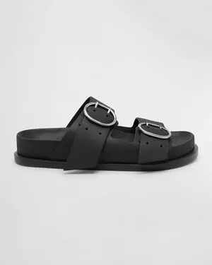 JIL SANDER Double Buckle Leather Slide Sandals - Black