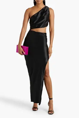 NICHOLAS One-shoulder Silksatin Ruched Cutout Maxi Dress