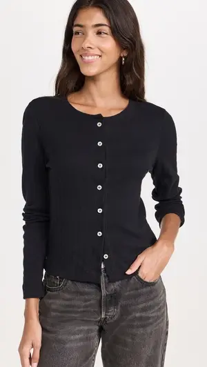 LESET Pointelle Classic Crew Cardigan - Black