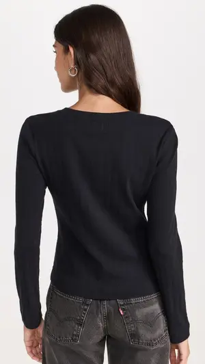 LESET Pointelle Classic Crew Cardigan - Black