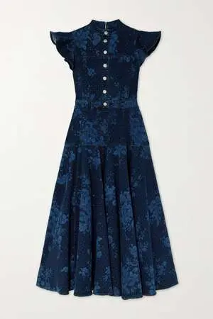 Erdem Ruffled Printed Denim Midi Dress Indigo
