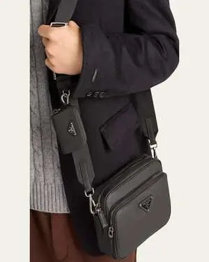 Prada Saffiano Leather Crossbody Bag With Pouch - Grey Black