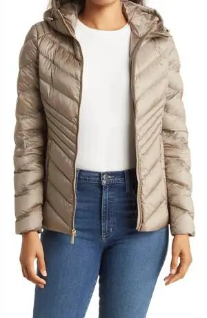 Michael Kors Chevron Packable Puffer Jacket In Taupe - Beige