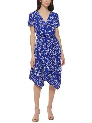 JESSICA HOWARD Petites Womens Belted Midi Fit & Flare Dress - Blue