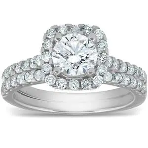 POMPEII3 2 Ct Cushion Halo Diamond Engagement Ring Matching Wedding Set 14k White Gold - Silver