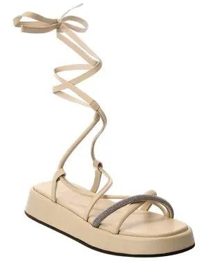 Brunello Cucinelli Ankle Wrap Leather Platform Sandal - Beige