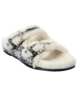 STUART WEITZMAN Piper Chill Tweed & Shearling Slide - White