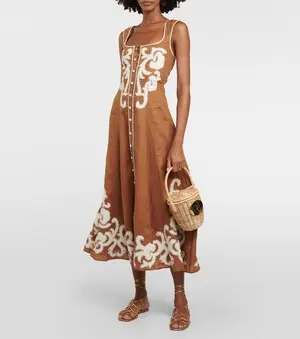 ALEMAIS Alémais Ruby Appliqué Linen Midi Dress