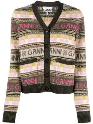 GANNI Logo Intarsia-knit V-neck Cardigan - Green