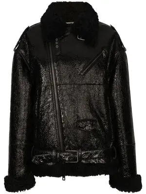 Dolce & Gabbana Frilled-collar Pebbled Leather Jacket