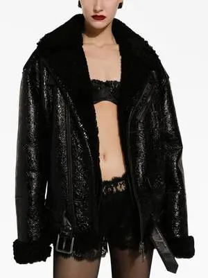 Dolce & Gabbana Frilled-collar Pebbled Leather Jacket