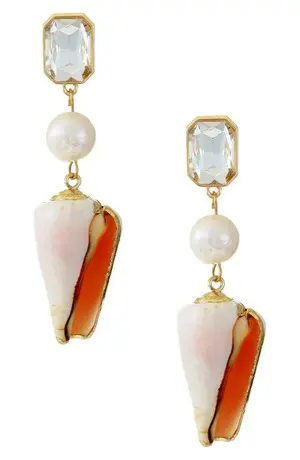 Ettika Shell & Pearl Drop Earrings - Gold