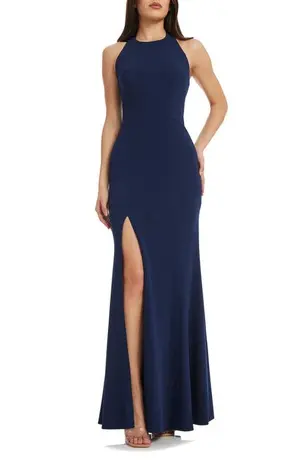Dress The Population Paige Halter Neck Mermaid Gown - Navy