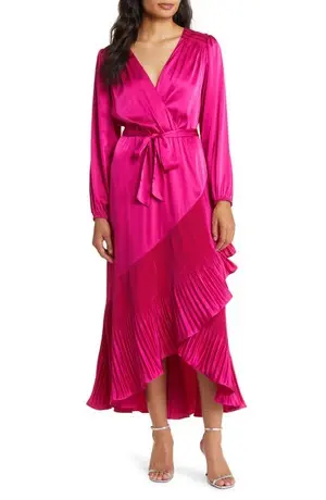 Quincy Mae Asymmetric Pleated Belted Long Sleeve Dress In Bold Fuchsia -  63% Off | Editorialist