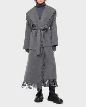 Simkhai Carrie Fringed Wool-blend Robe Coat Grey Melange