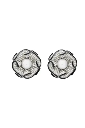 KENNETH JAY LANE Pearl Center Flower Clip Earrings - Black
