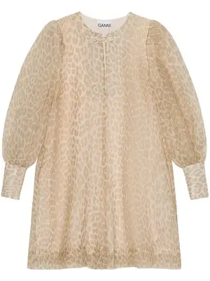 GANNI Leopard-print Organza A-line Dress - Neutrals