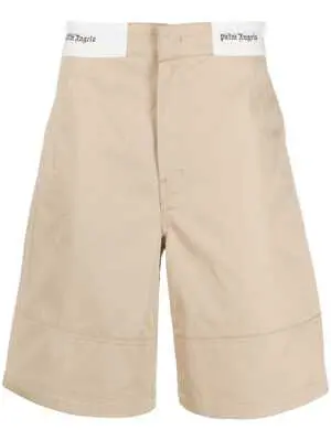 Palm Angels Logo-waistband Cotton Bermuda Shorts - Neutrals