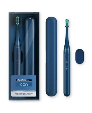 AQUASONIC Icon Rechargeable Toothbrush | Magnetic Holder & Slim Travel Case | 2 Brushing Modes & Smart Timers | Modern & Convenient - Navy