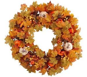 NEARLY NATURAL 30' Autumn Pumpkin & Maple Leaf Reath - One-color