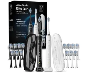 AQUASONIC Elite Duo Rechargeable Electric Toothbrush Set – Ada Accepted - Black And White