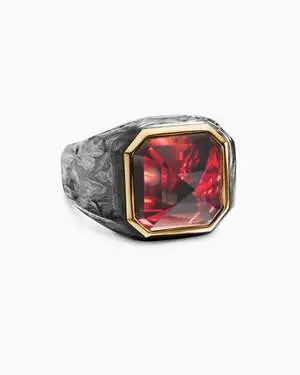 David Yurman Hexagonal Signet Ring With And Garnet - Forged Carbon/garnet