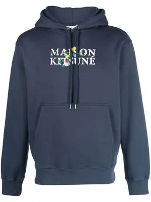 Maison Kitsuné Cotton Hoodie With Logo And Floral Print - Blue