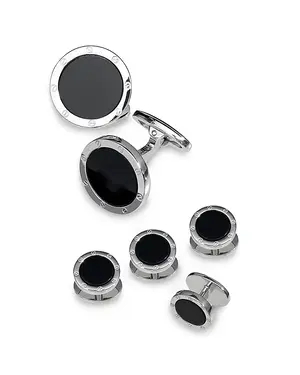 JAN LESLIE Round Rivet Etched Sterling Silver & Onyx Stud & Cufflink Set - Black
