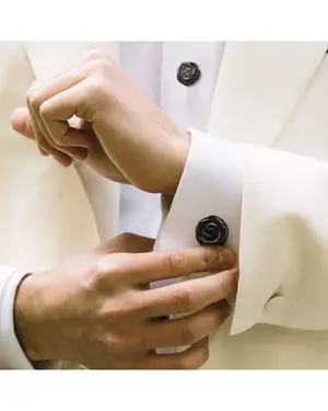 JAN LESLIE Carved Rose Sterling Silver & Onyx Stud & Cufflink Set