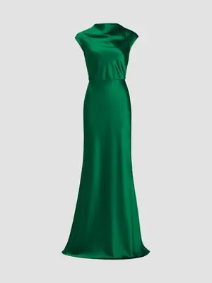 Amsale Satin High Cowlneck A-line Gown - Emerald