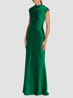 Amsale Satin High Cowlneck A-line Gown - Emerald