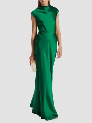 Amsale Satin High Cowlneck A-line Gown - Emerald