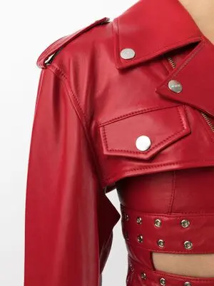 Dress Short Leather Jacket Women CELINE 3950$ Red Leather Biker Jacket  Waist Belt, Epaulettes, Calfskin