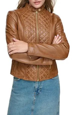 Andrew Marc Quilted Leather Moto Jacket - Cognac