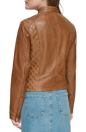 Andrew Marc Quilted Leather Moto Jacket - Cognac