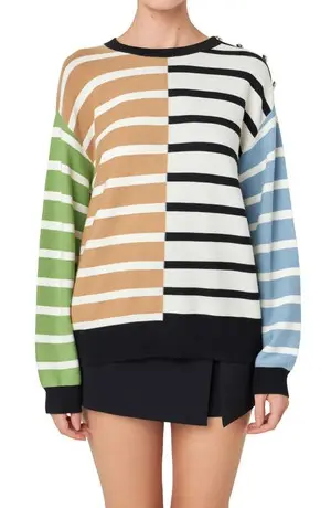 English Factory Mixed Stripe Sweater - Brown Multi