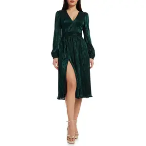 Dress The Population Holly Metallic Plissé Dress - Deep Emerald