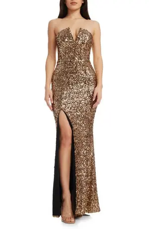 Dress The Population Fernanda Sequin Strapless Gown - Gold