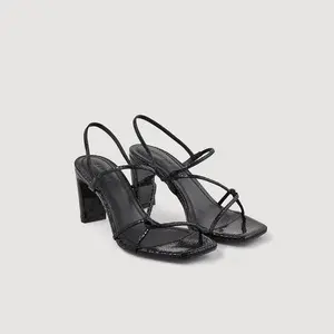 Sandro Embossed Leather Sandals With Narrow Straps - Black